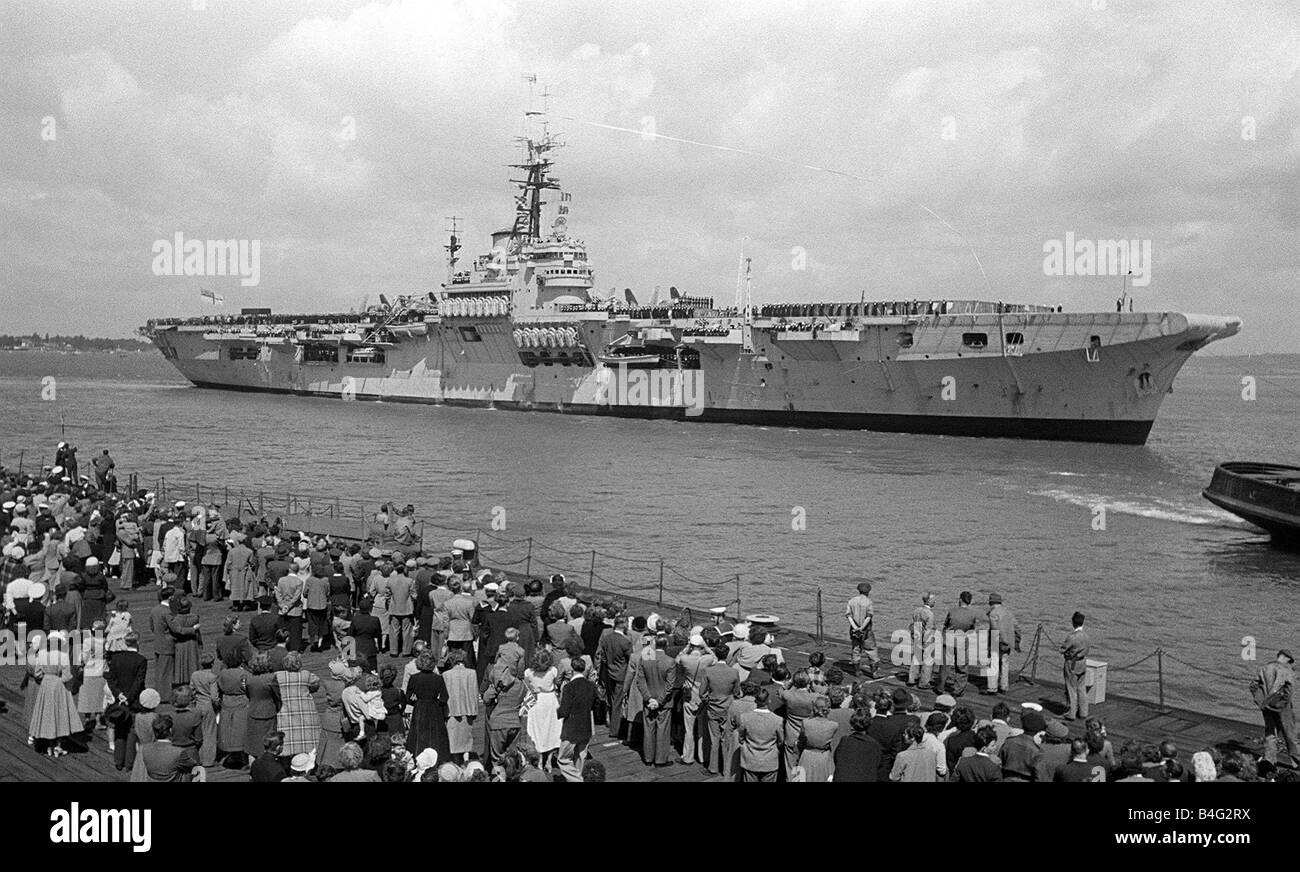 Ships Royal Navy Aircraft Carrier HMS Glory July 1953 Crowds gather on ...