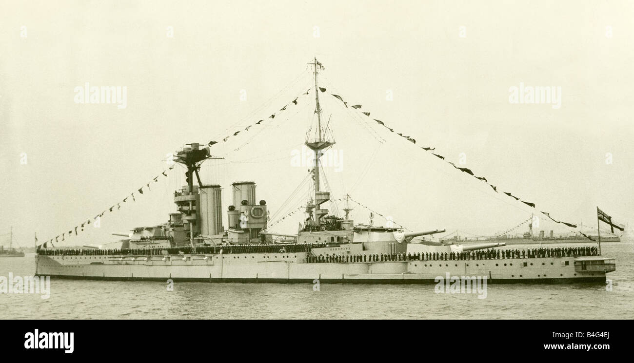 HMS Warspite seen here moored in the Solent for a Royal review of the ...