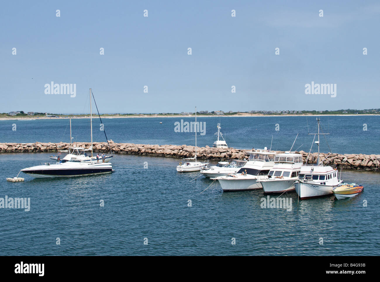 Boats in the marina in Old Harbor of Block Island. Block Island is a ...