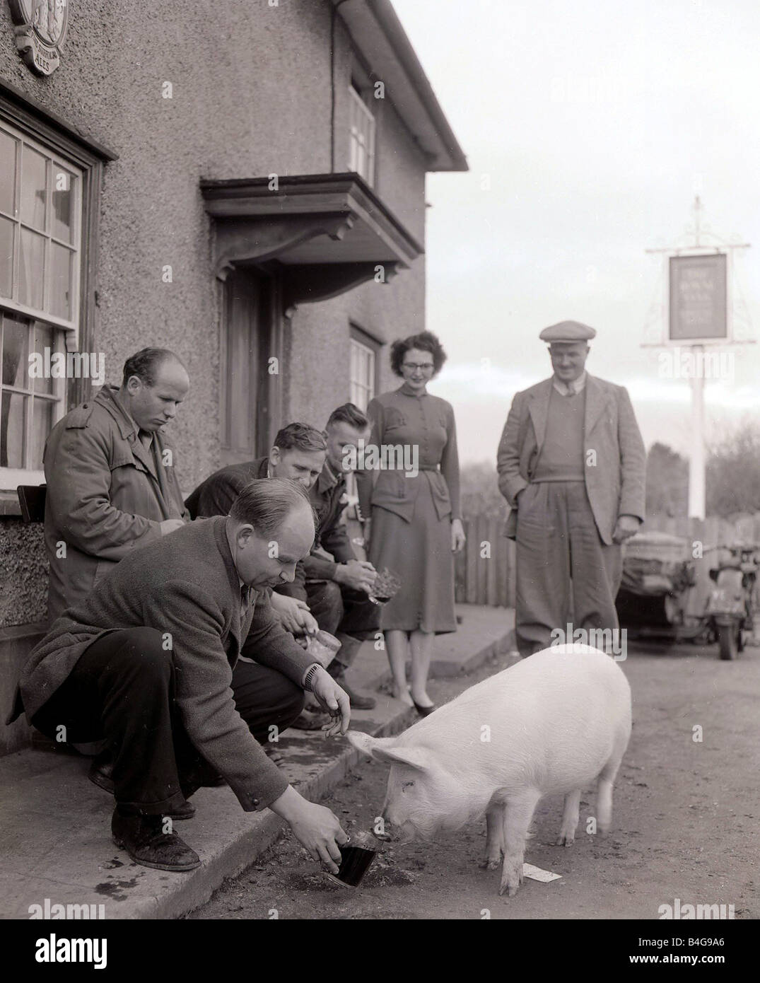 The Royal Oak Pig Public House Pub 1953 Locals outside the pub look on ...