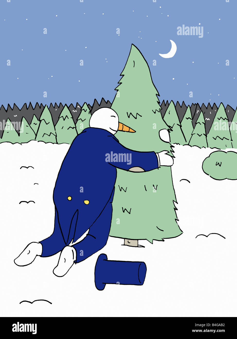 A snowman hugging a fir tree Stock Photo - Alamy