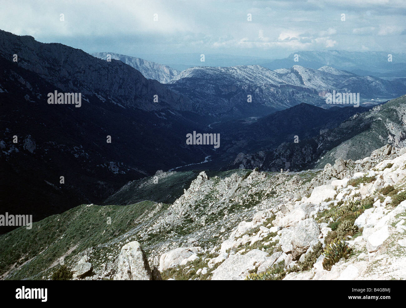 Rugged mountaineous landscape between towns of Dorgali Baunei in ...