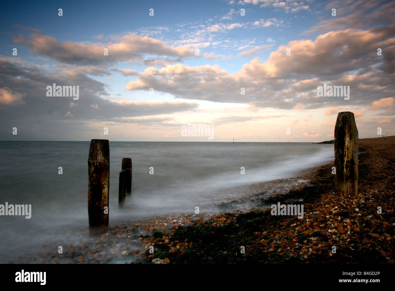 Seascape with breakwater remains, Reculver Bay, Kent, England, UK Stock ...