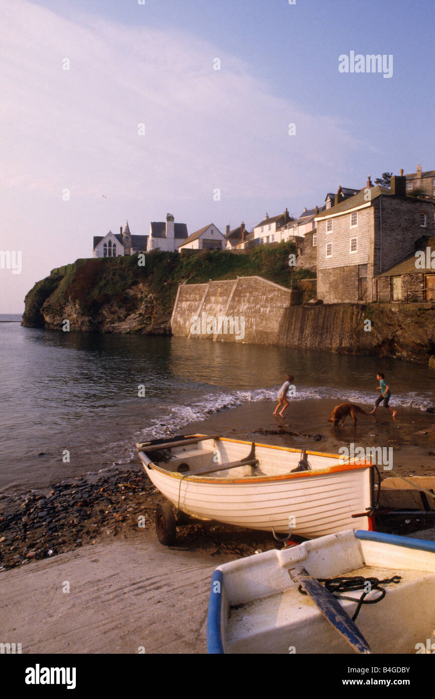 Wooden boats on slipway in harbour at Port Isaac in Cornwall Stock ...