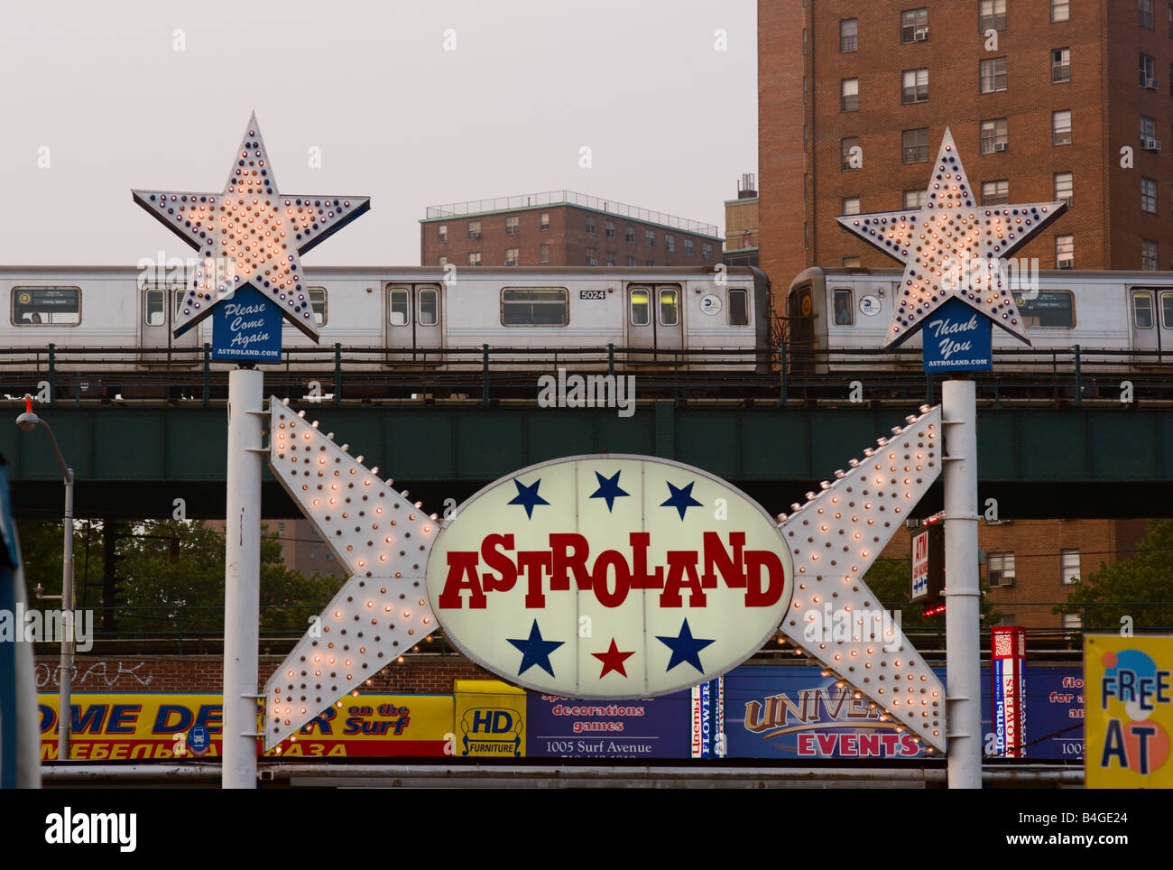 Astroland entrance sign with passing subway train Coney Island New York ...