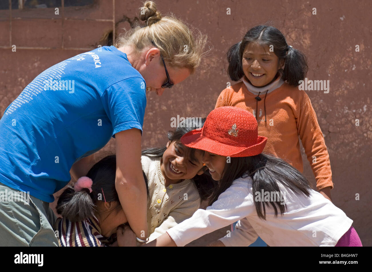 A female tourist visiting the village makes friends with the local ...