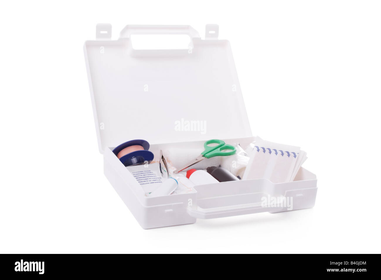 Open first aid kit isolated on white background Stock Photo - Alamy