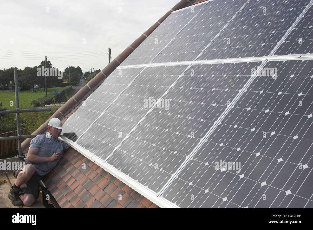 Installation of a photovoltaic solar power system on private house near ...