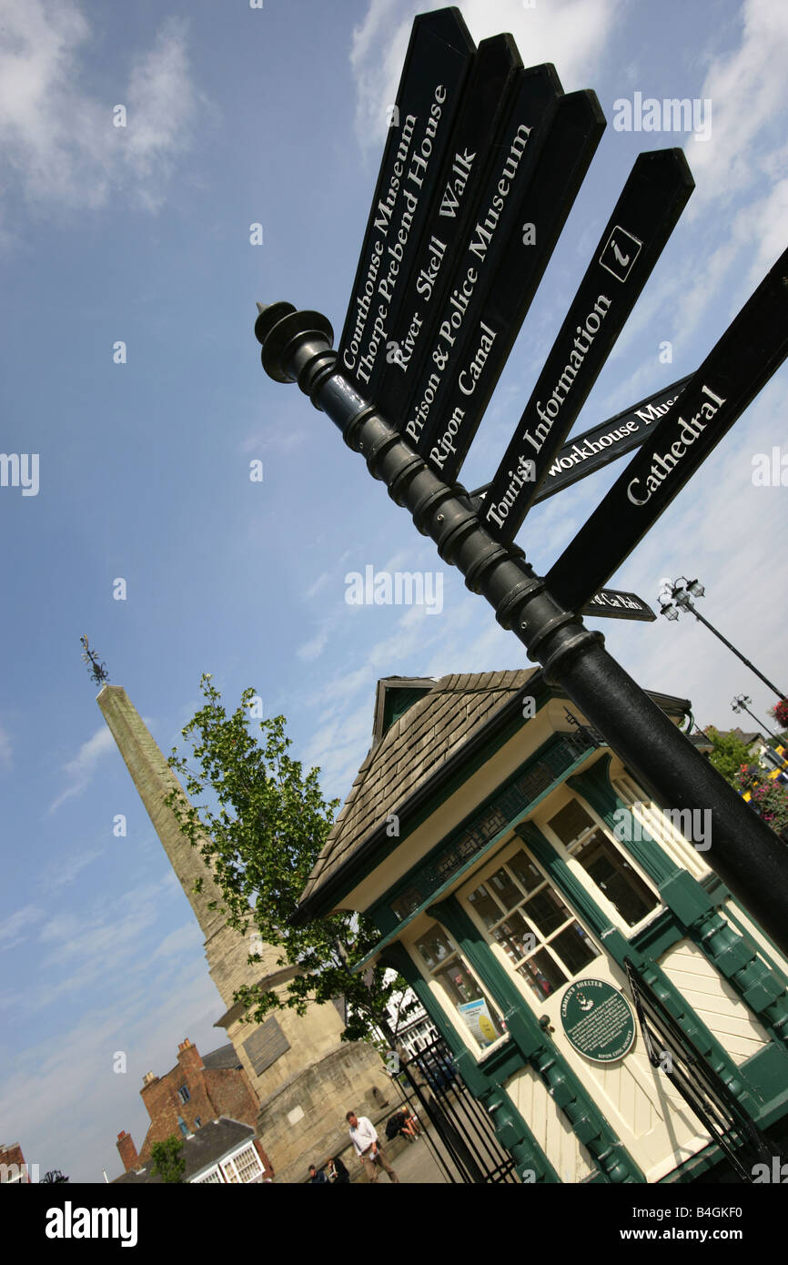 City of Ripon, England. Tourist direction sign in Market Square with ...