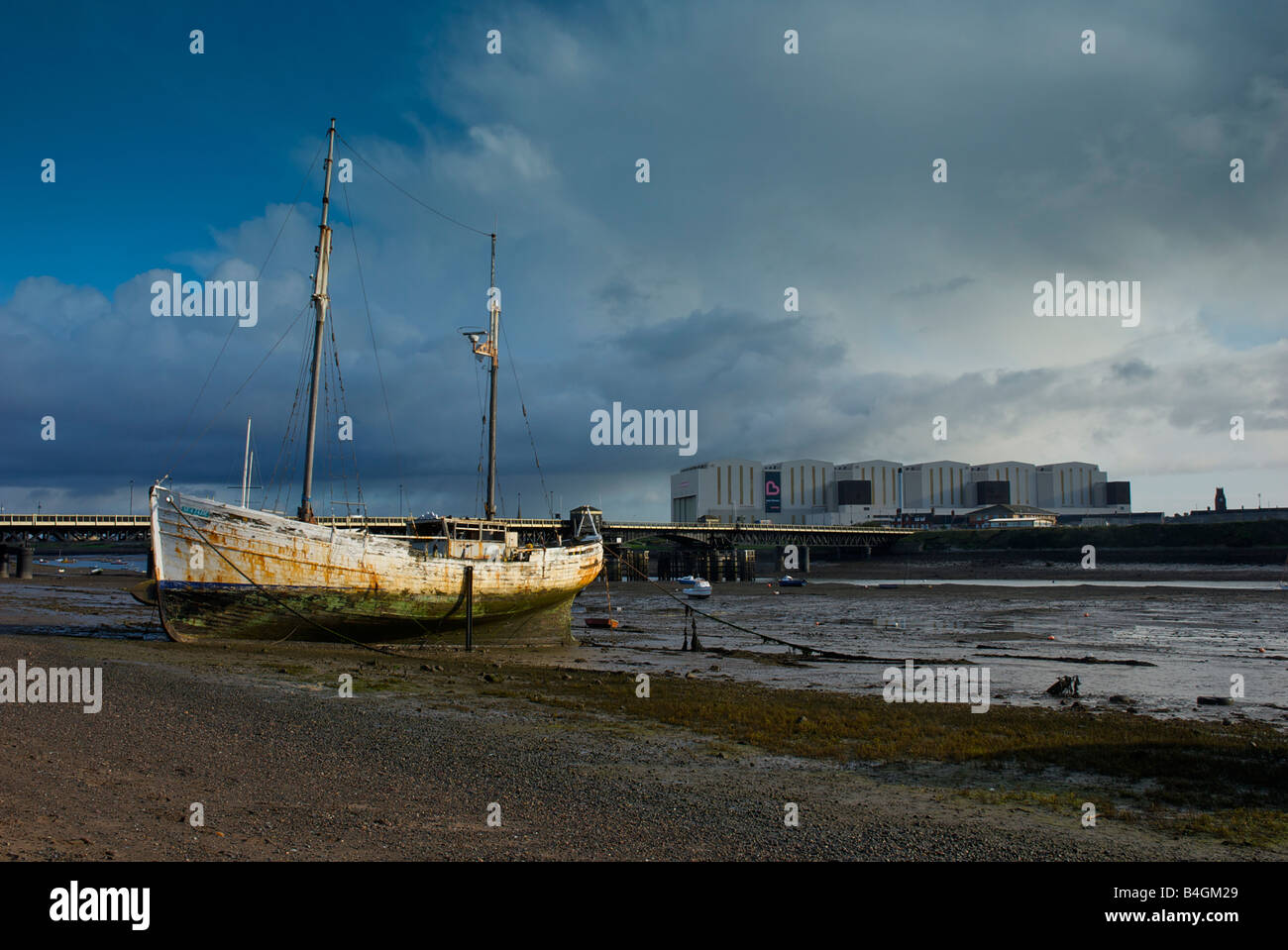 Ship moored in the Walney Channel, looking towards BAE Systems building ...
