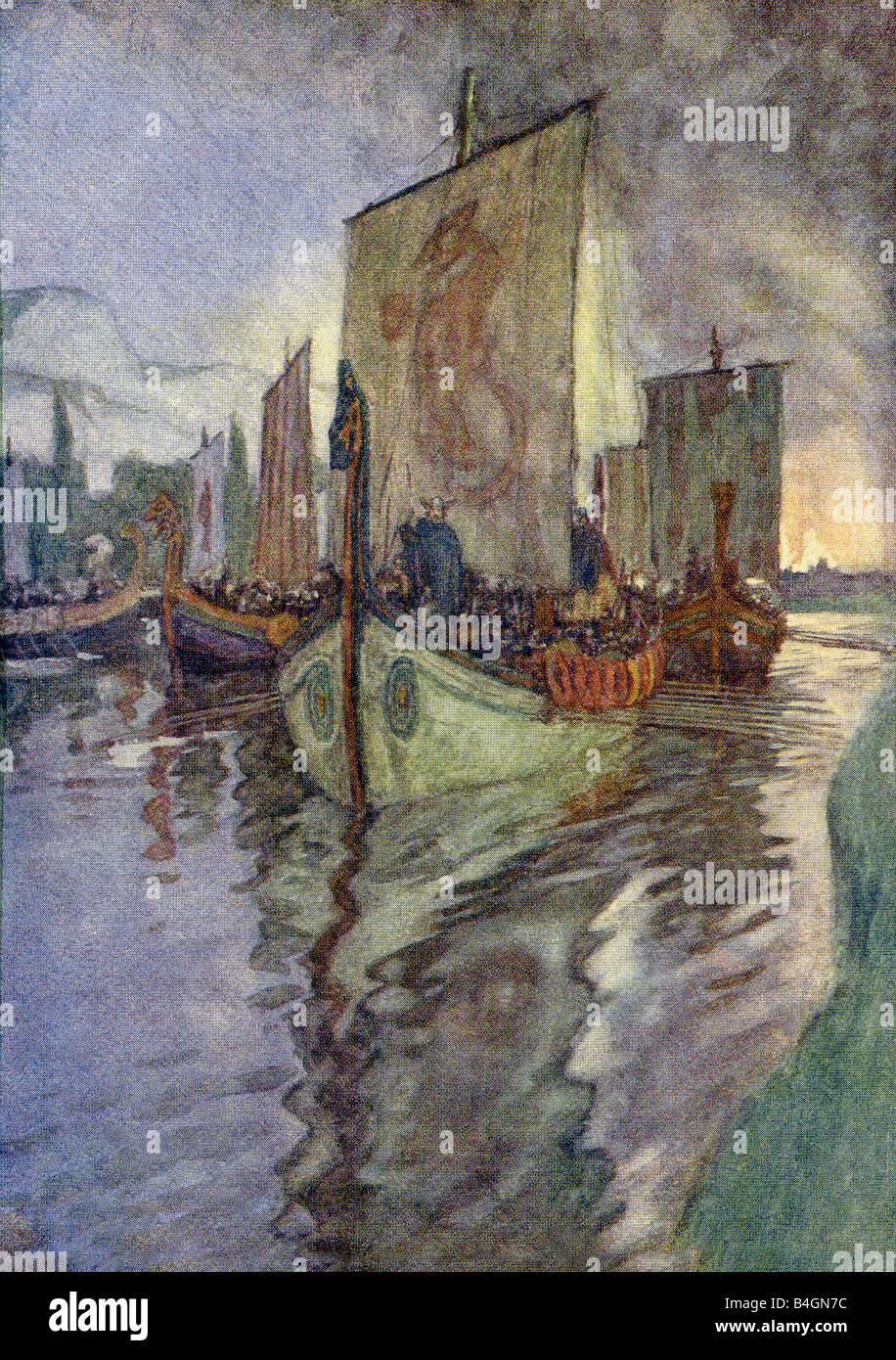 Viking Vessels Heading Up River Stock Photo - Alamy