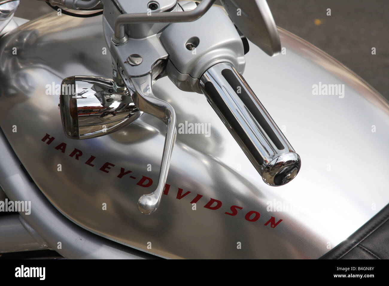 Handlebar and fuel tank of Harley Davidson motor cycle in silver Stock ...