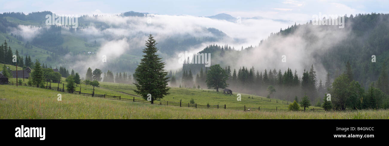 Dense fog over summer mountains. Three shots composite picture Stock ...