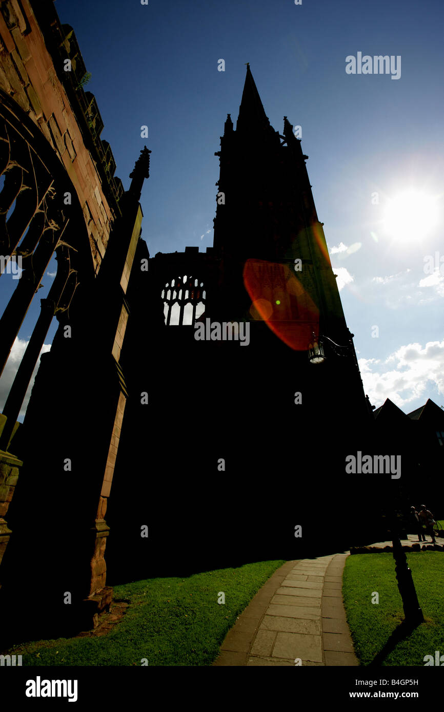 City of Coventry, England. Silhouetted view of the surviving tower of ...