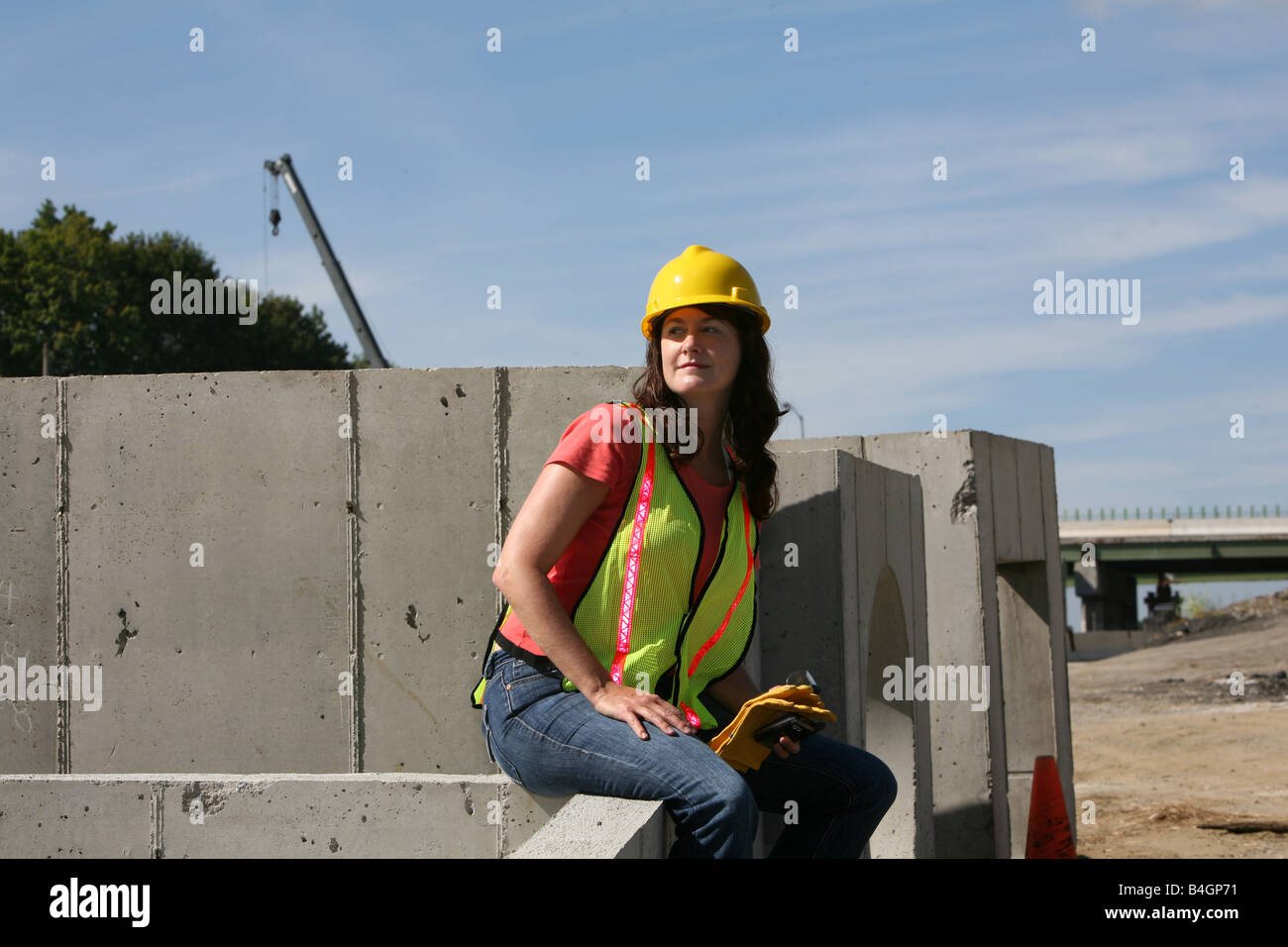 Woman working at a highway construction site in New York, USA Stock ...