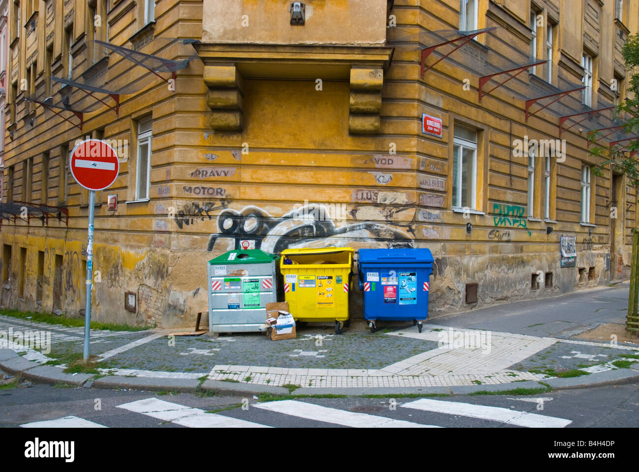 Recycling bins in Zizkov district of Prague Czech Republic Europe Stock ...