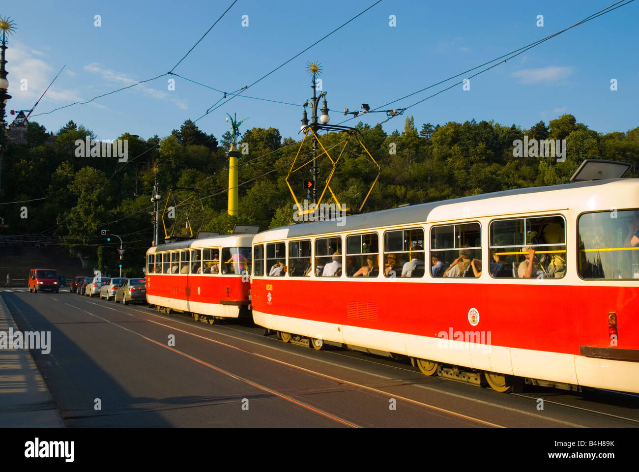 Traffic along Cechuv most bridge in central Prague Czech Republic ...