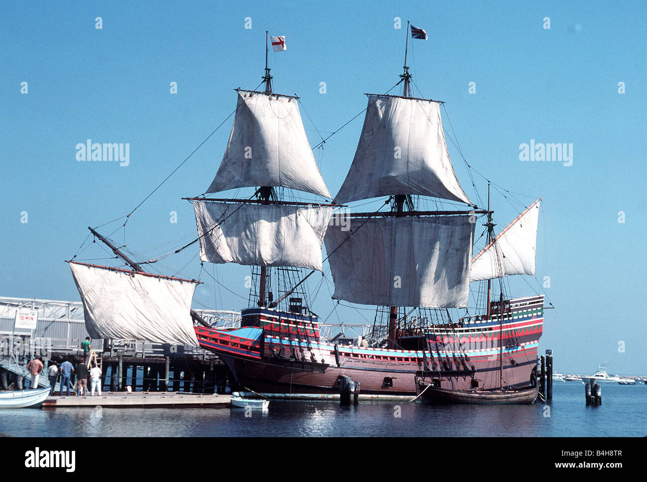 Ships Replica of the Mayflower with full sail at Plymouth harbour ...