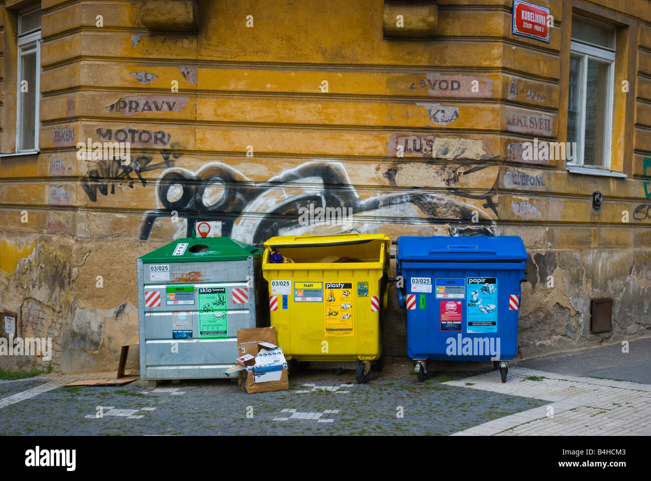 Recycling bins in Zizkov district of Prague Czech Republic Europe Stock ...