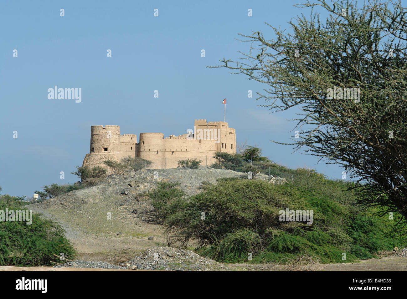 Fort on hill, Fujairah Fort, Fujairah, United Arab Emirates Stock Photo ...