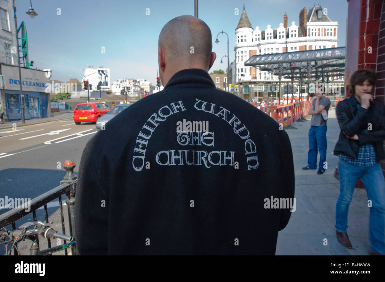The back of a jacket worn by a security guard at Kentish Town London UK ...