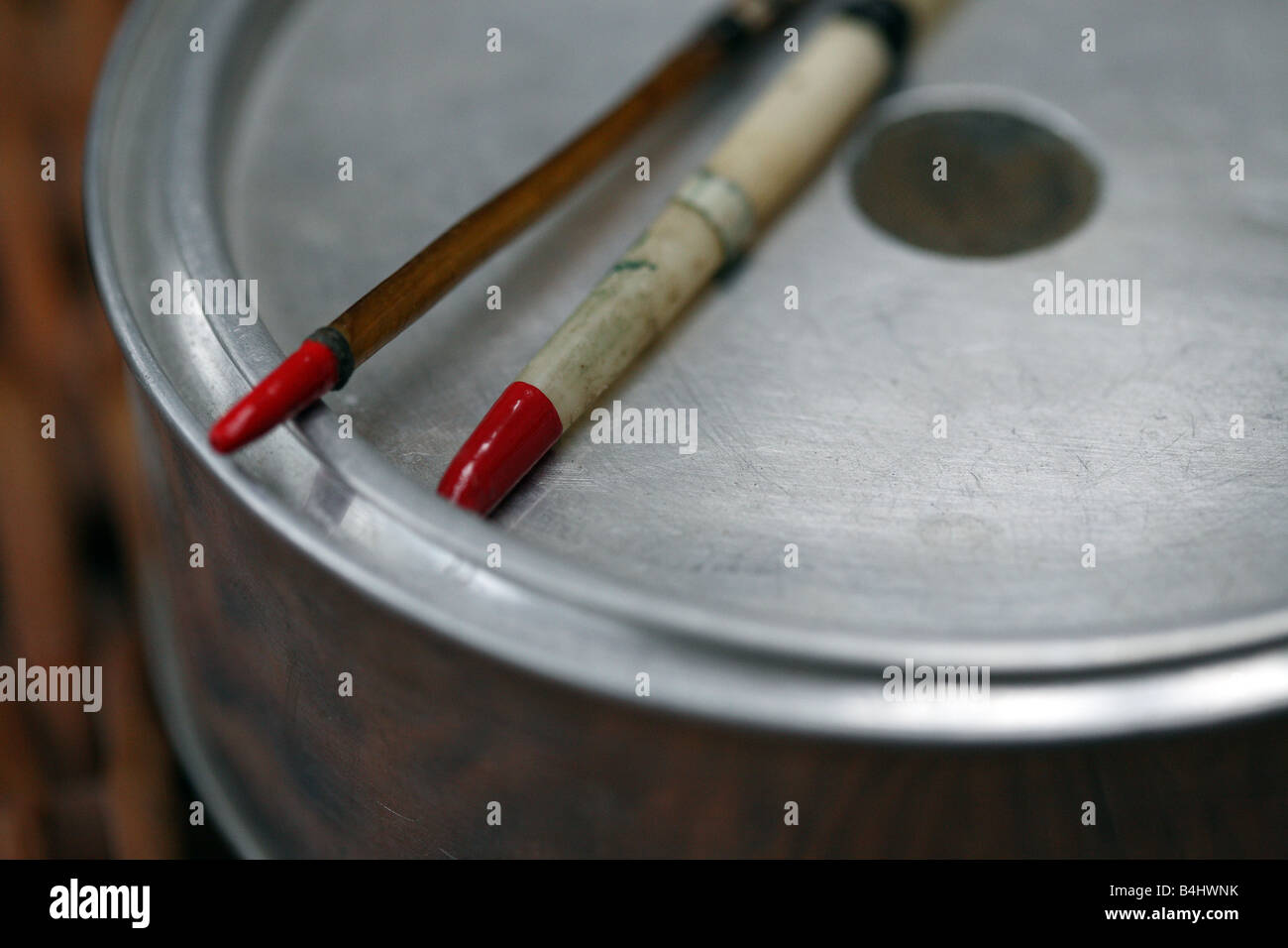 Traditional Goose quill fishing floats and bait tin Stock Photo - Alamy