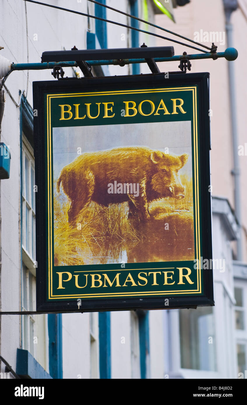 Hanging sign for BLUE BOAR pub in Ludlow Shropshire England UK Stock ...