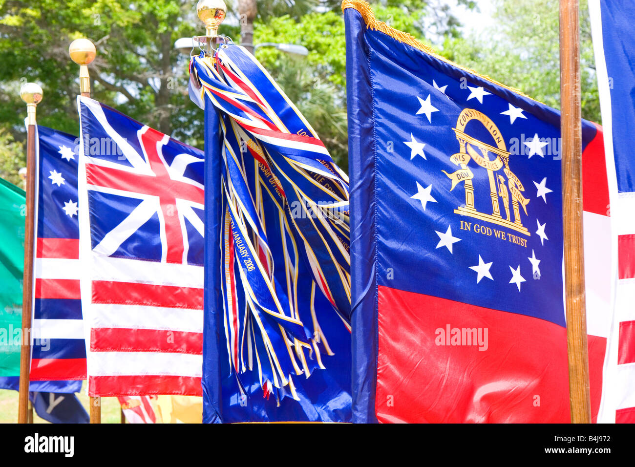 Several variations of early american flags at a display Stock Photo - Alamy