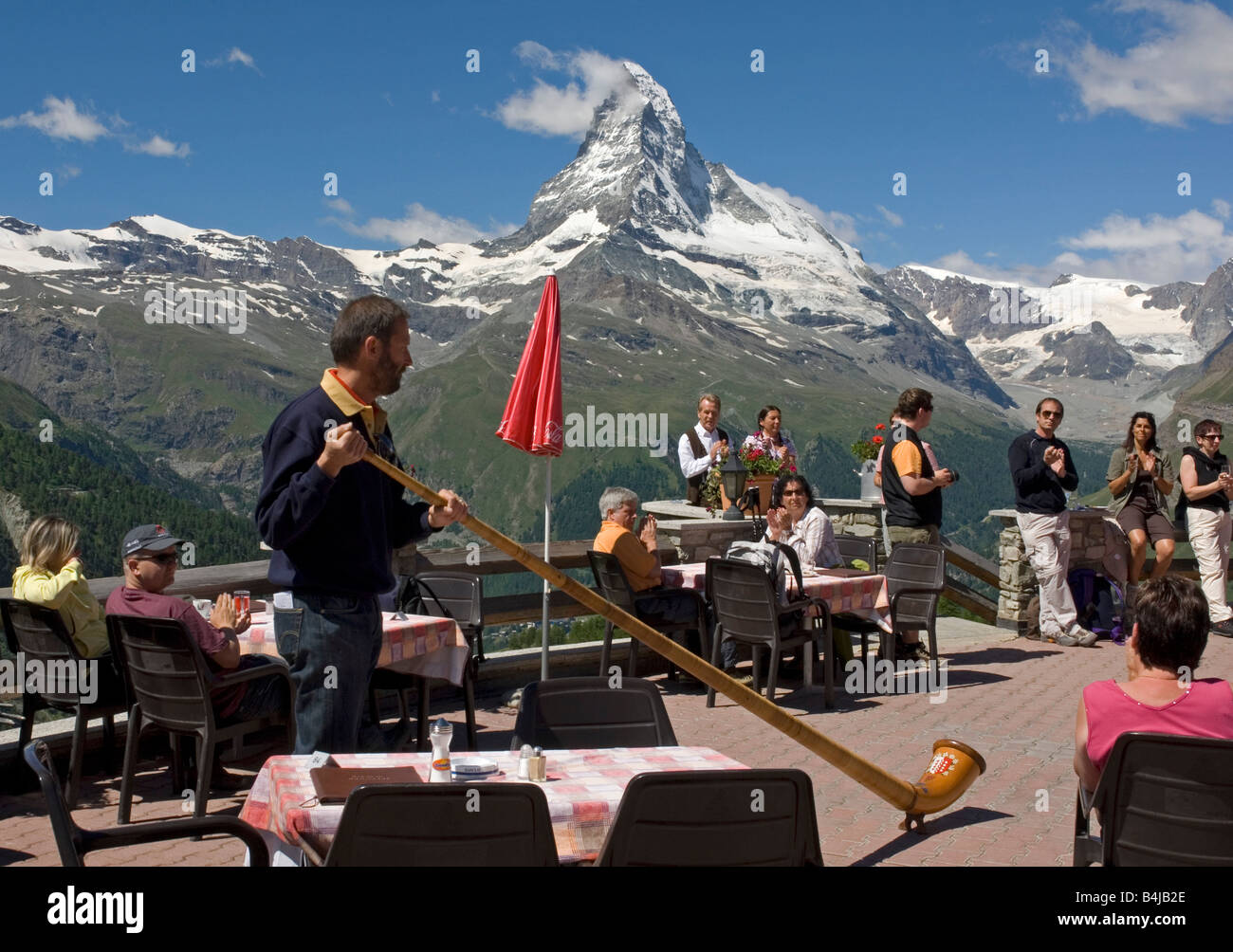 Swiss alpine horn performance at Sunegga above Zermatt, with the mighty ...