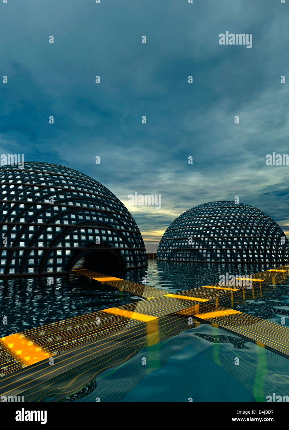 Illustration of dome shaped structures over water Stock Photo - Alamy