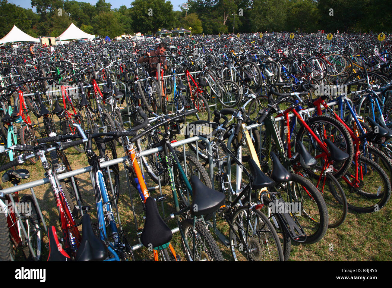 Rows and rows of bicycles parked outside the Austin City Limits music ...