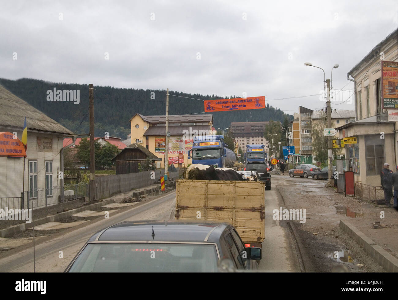 Romania EU September Traffic queuing at a red light because of ...