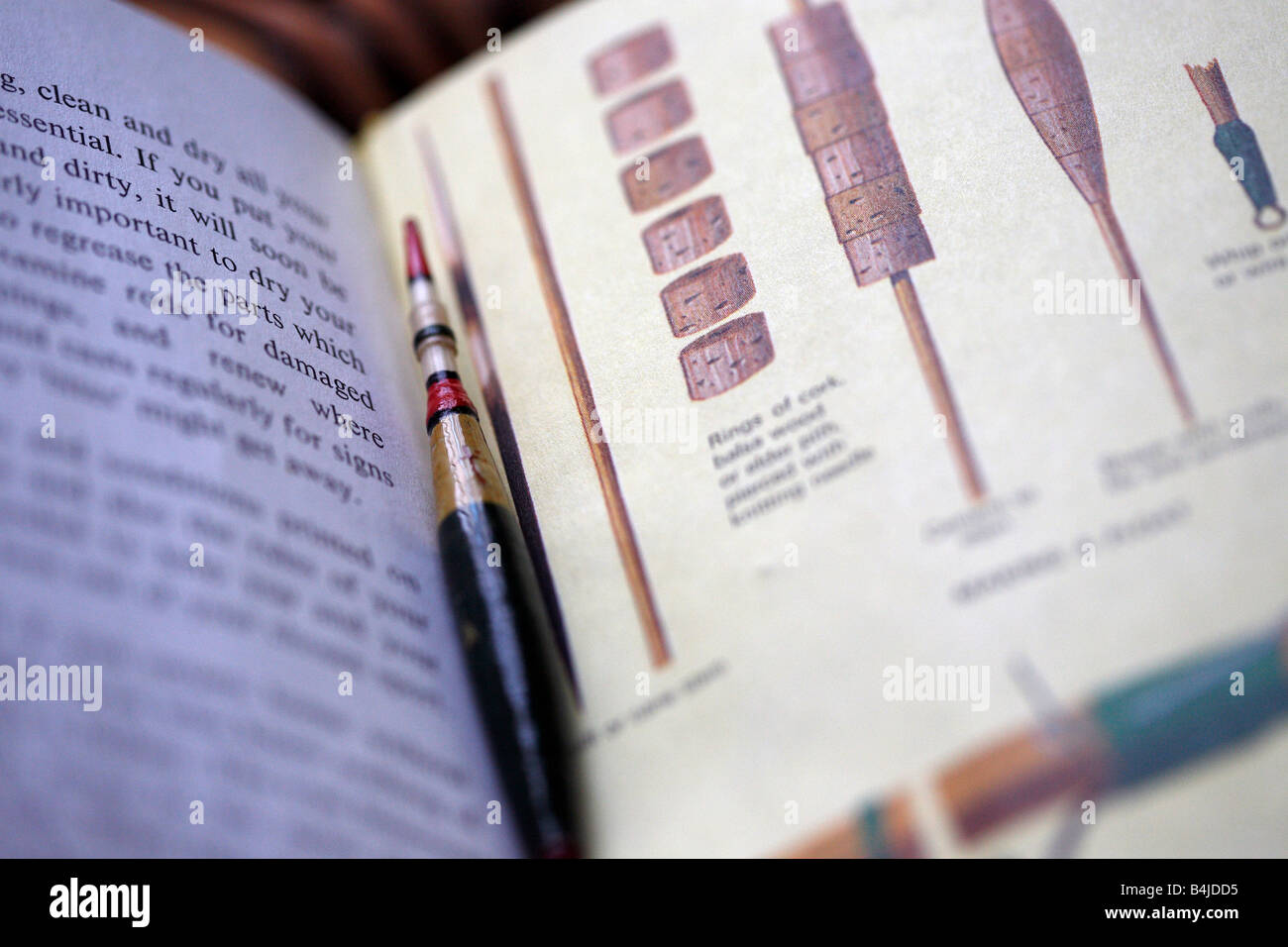 Vintage fishing float, nestled between the pages of old book on Angling ...