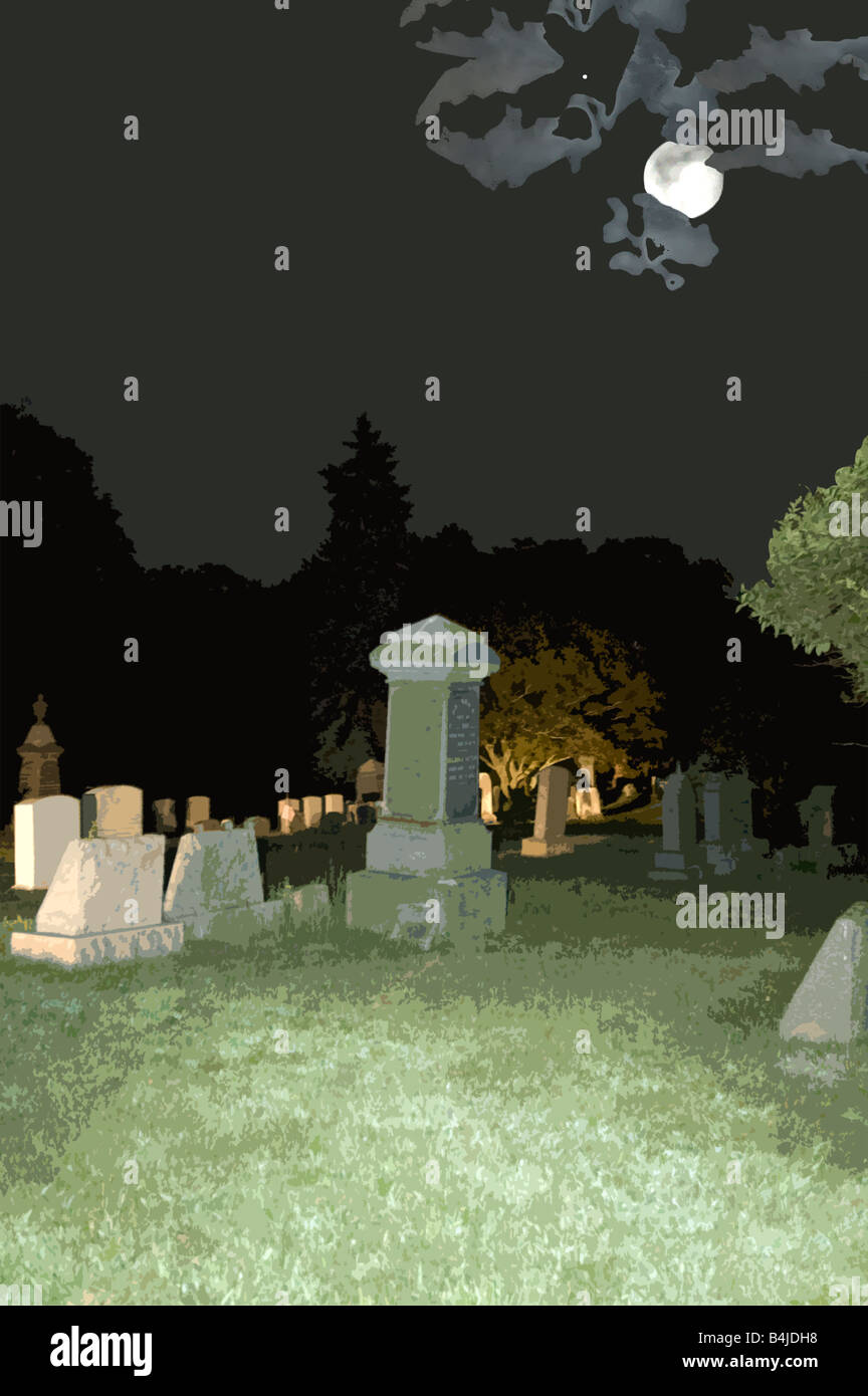 Illustration of a graveyard at midnight with full moon and Venus Stock ...