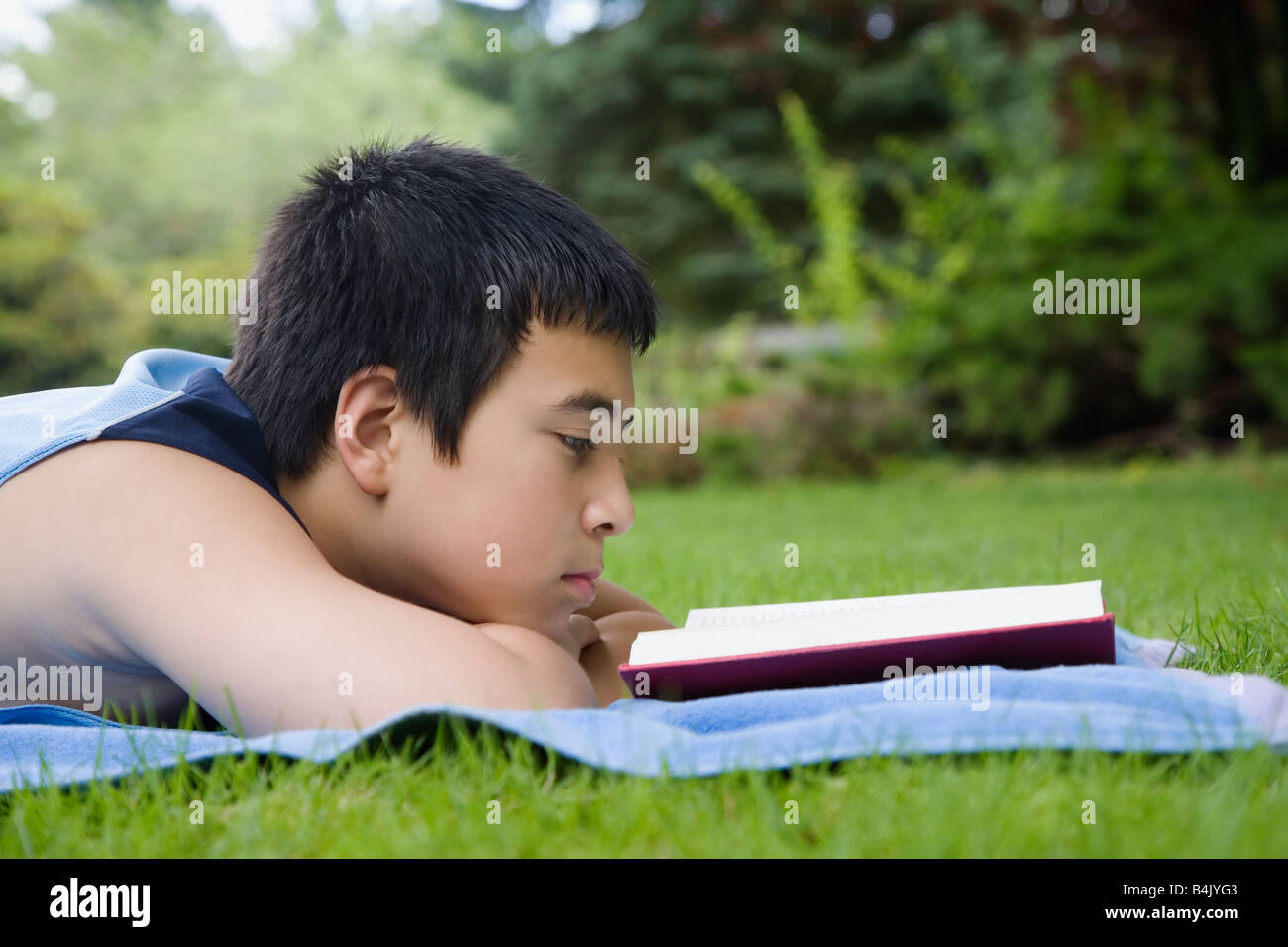 Asian boy reading in grass Stock Photo - Alamy