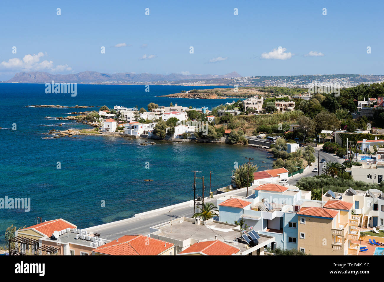 View over the resort of Nea Kydonia looking towards Chania, Crete Stock ...