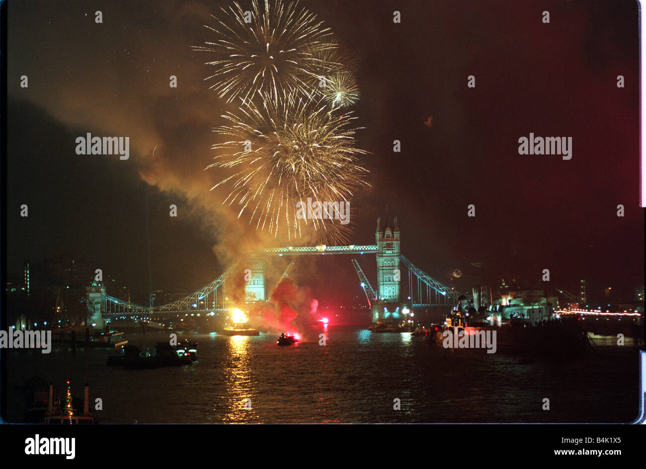 Fireworks explode over Tower Bridge January 2000 at the stroke of ...
