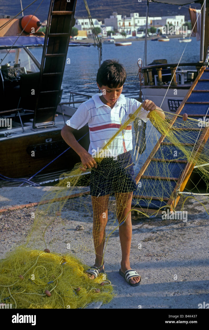 1, one, Greek boy, Greek, boy, untangling fishing net, port town ...