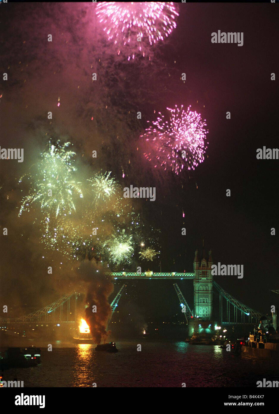 Fireworks explode over Tower Bridge January 2000 at the stroke of ...