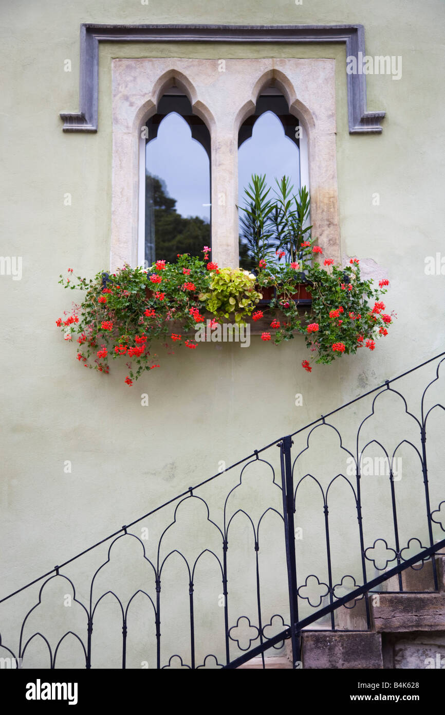 Sighisoara Transylvania Romania Europe Two windows railings and steps ...