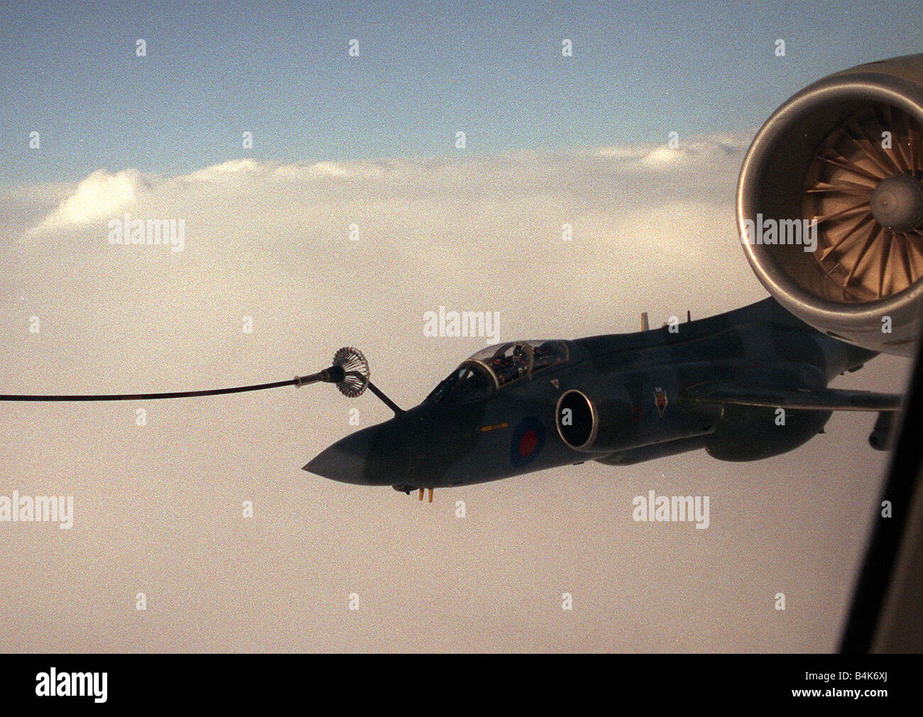 A Royal Air Force BAe Buccaneer S2B of 12 Squadron March 1992 refuels ...