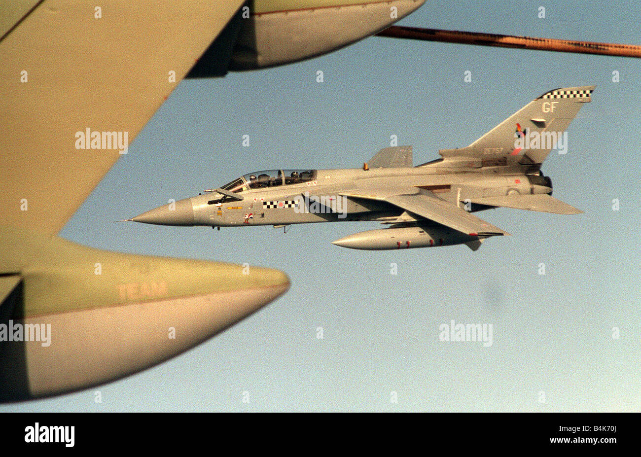 A Royal Air Force Tornado F3 of 43 Squadron extends his refueling probe ...