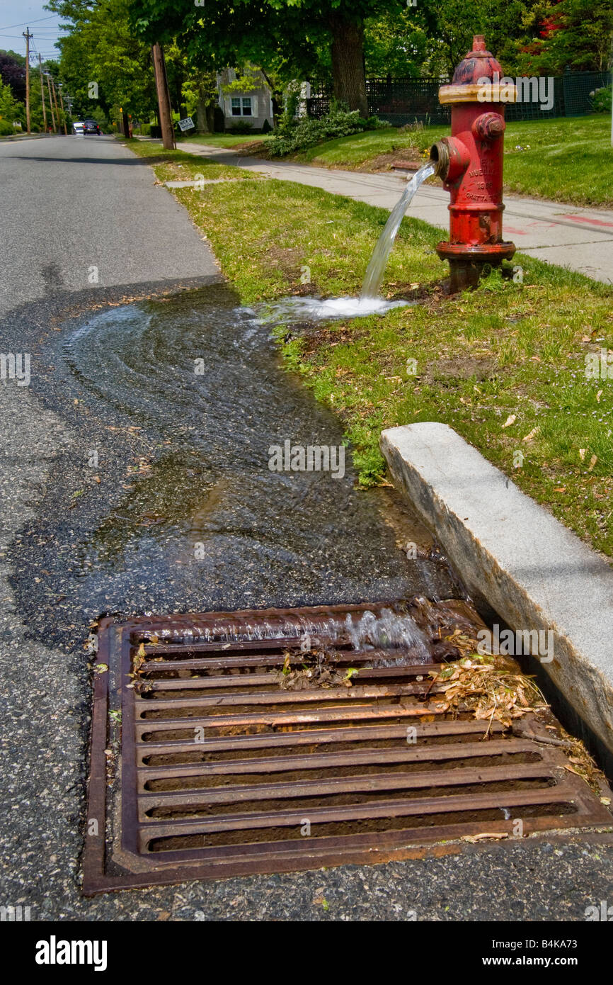 Water pours from a red fire hydrant during spring flush out by the fire ...