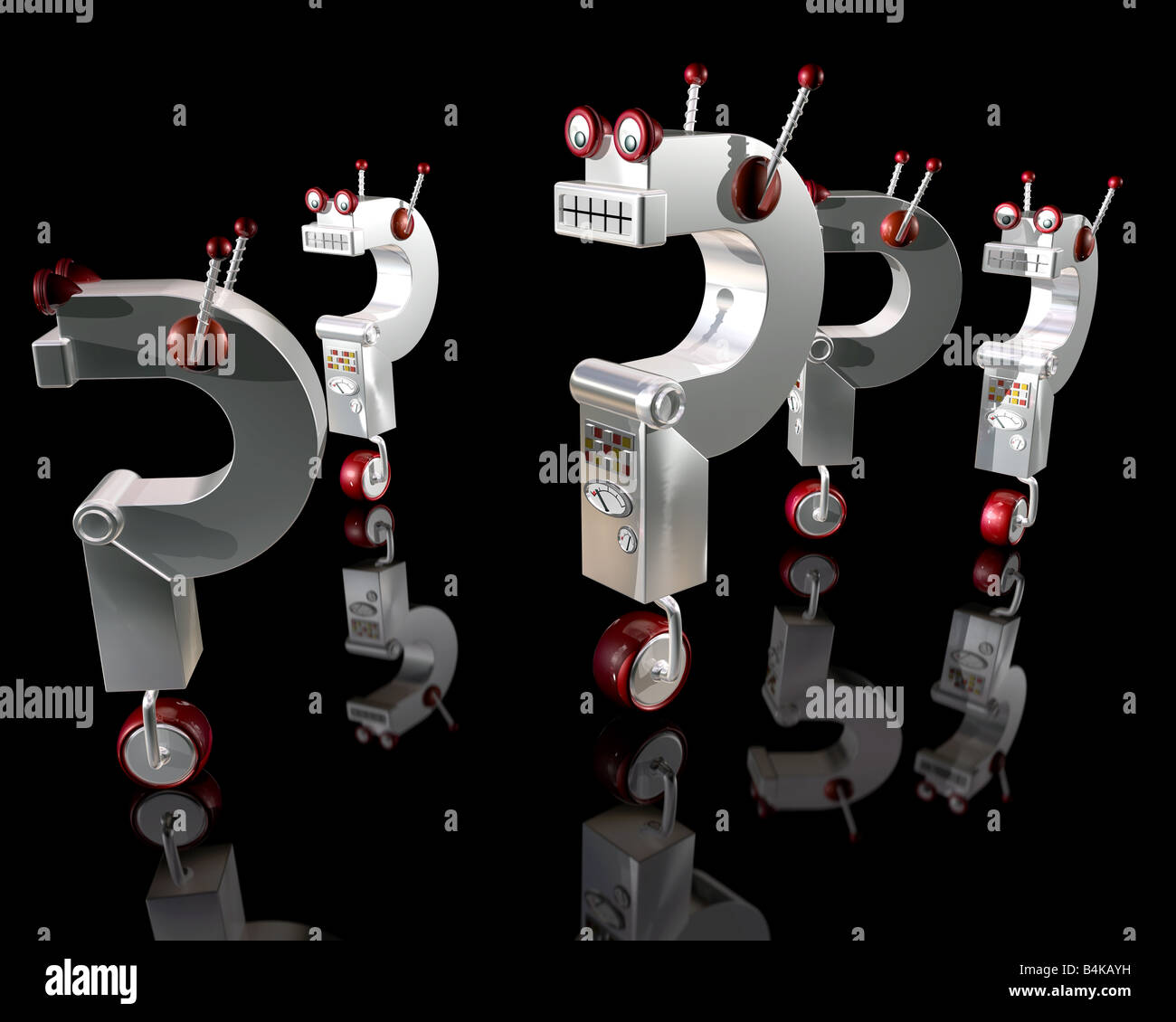 Illustration of robot question marks running around Stock Photo - Alamy