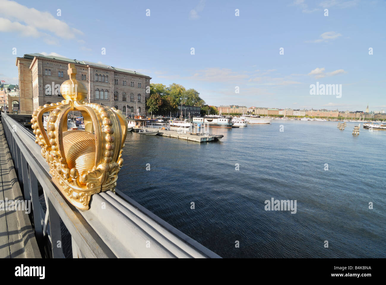 A golden Sweden crown on the bridge s handrails Stock Photo - Alamy