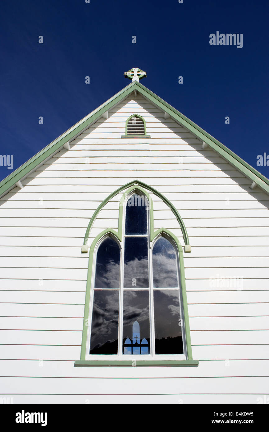 White wooden church gable against blue sky Bay of Islands, Northland ...