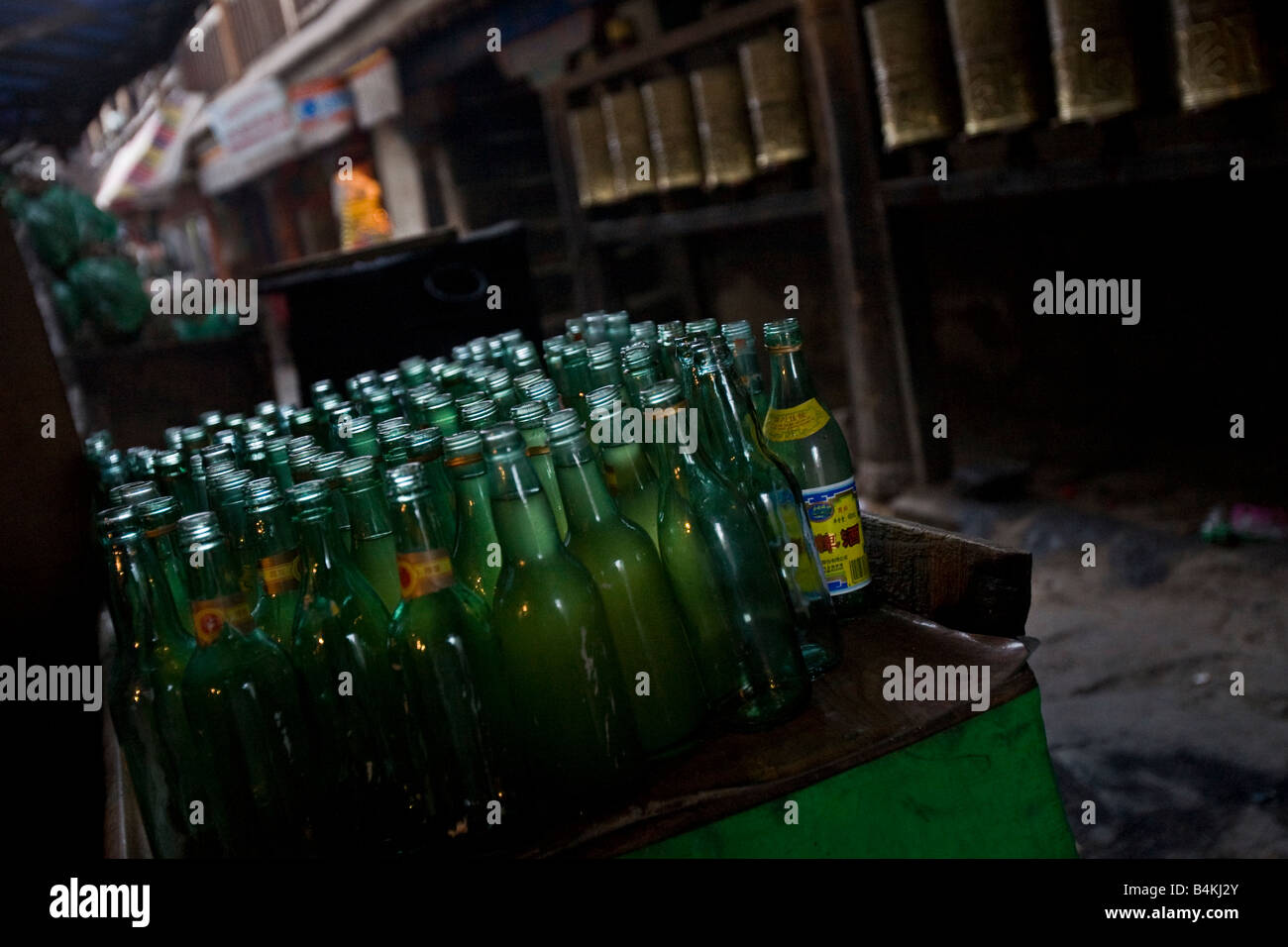 Bottles of Chang, Tibetan beer, which are used as an offerings in the ...