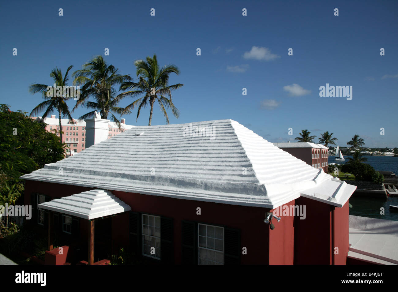 Traditional Bermudian roof structure showing the white-wasted stepped ...