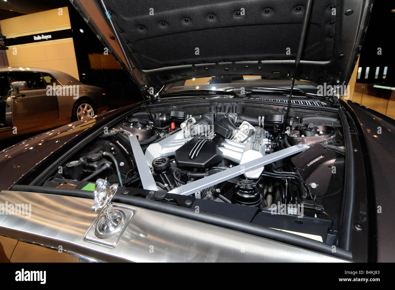 Close-up of the engine of a luxury Rolls Royce model on display during ...
