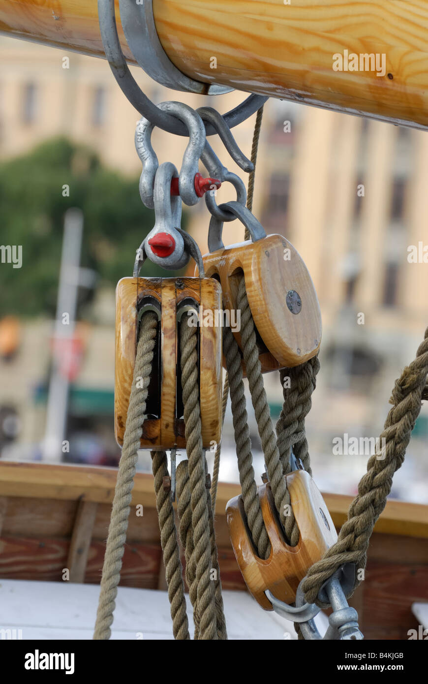 Ropes and blocks of sailing ship Stock Photo - Alamy